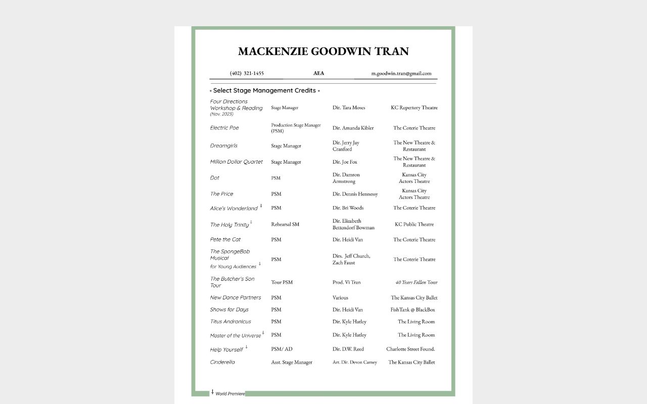 Mackenzie Goodwin Stage Manager CV